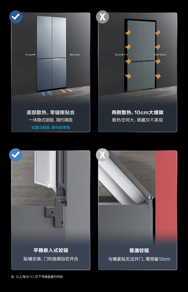 TCL R460P12-UQ 十字四门冰箱-超薄零嵌 | TCL官网