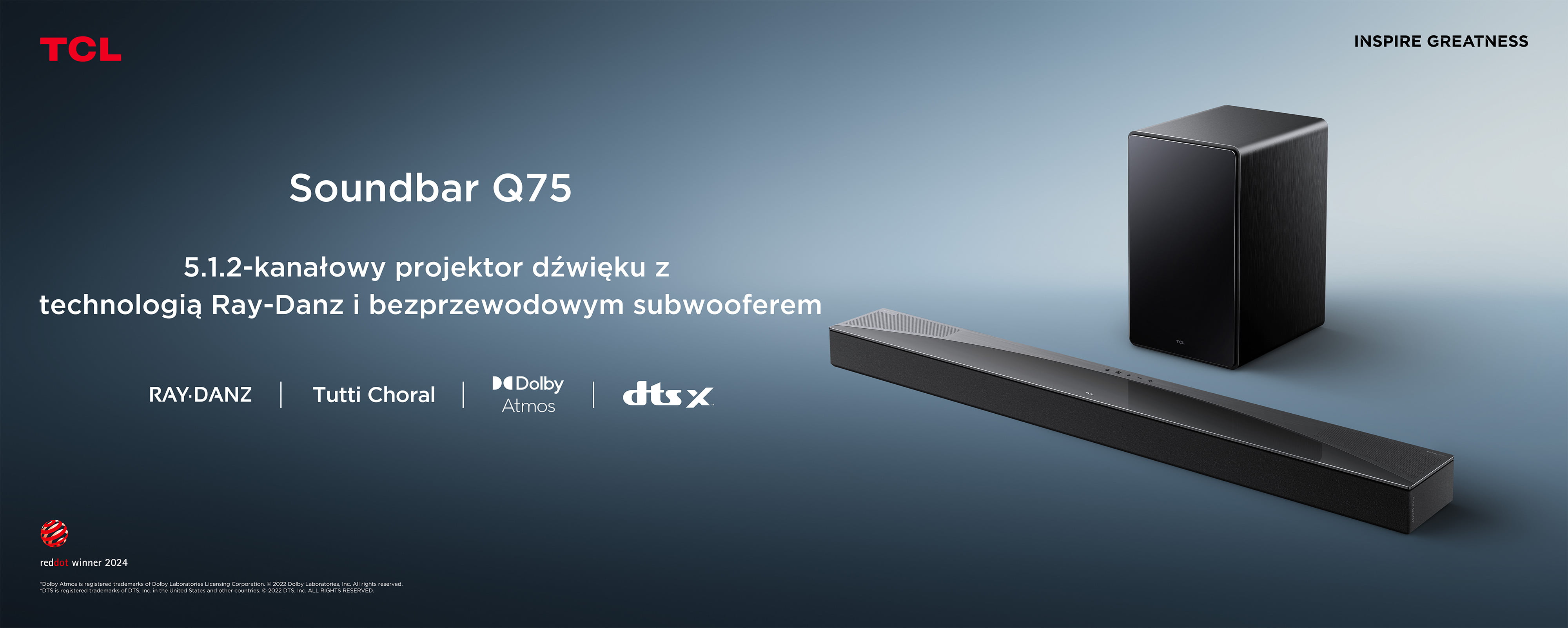 TCL Q75 Seria 5.1.2 Soundbar z Technologią Ray•Danz i Bezprzewodowym ...